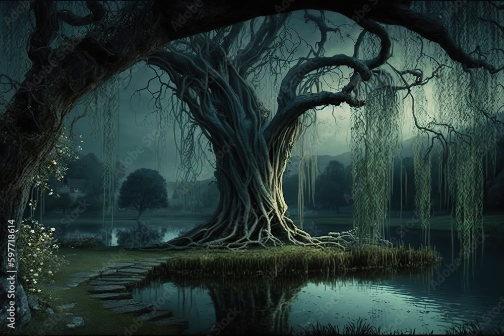 weeping willow tree illustration in a magical fantasy landscape, Generative AI Stock ...
