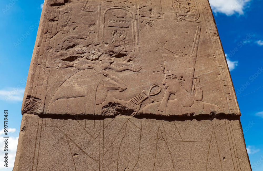 Ancient egyptian carvings and hieroglyphs at Khnum temple on ...