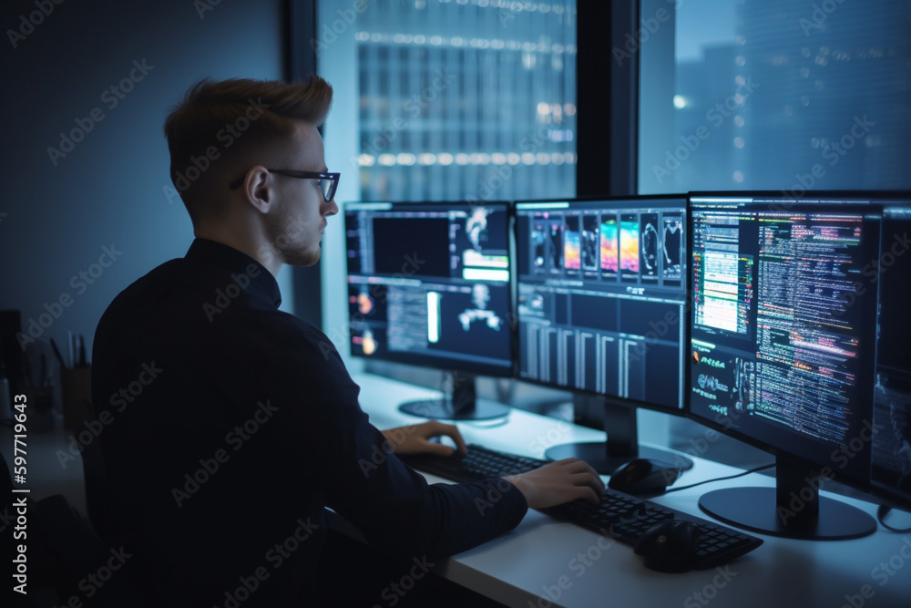 A staff member multitasking with multiple screens, business, situation ...