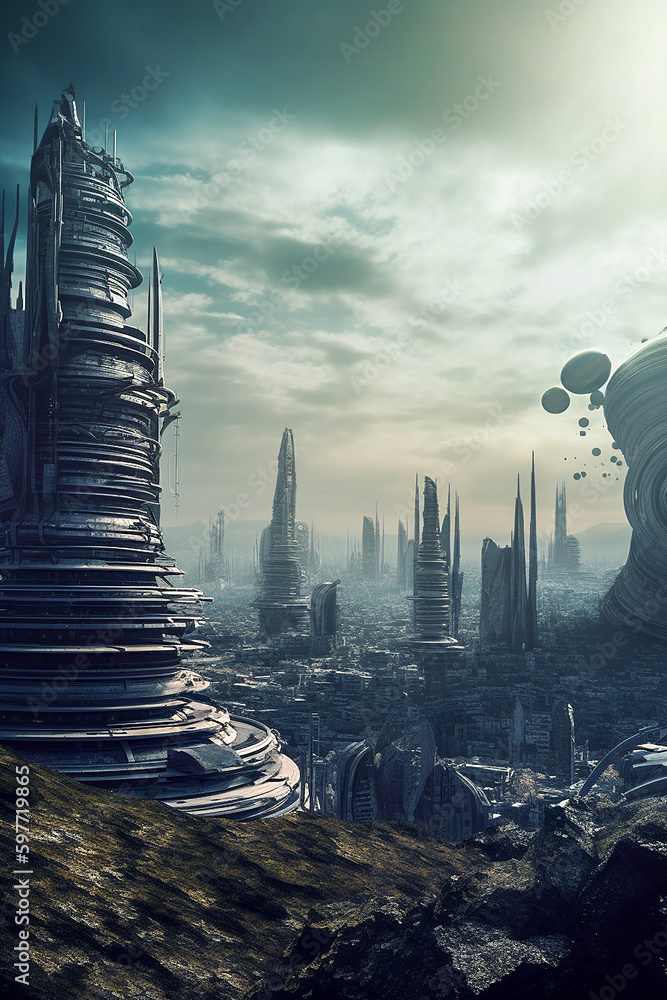 Alien City. Generative AI. A digital painting of an alien city on an ...