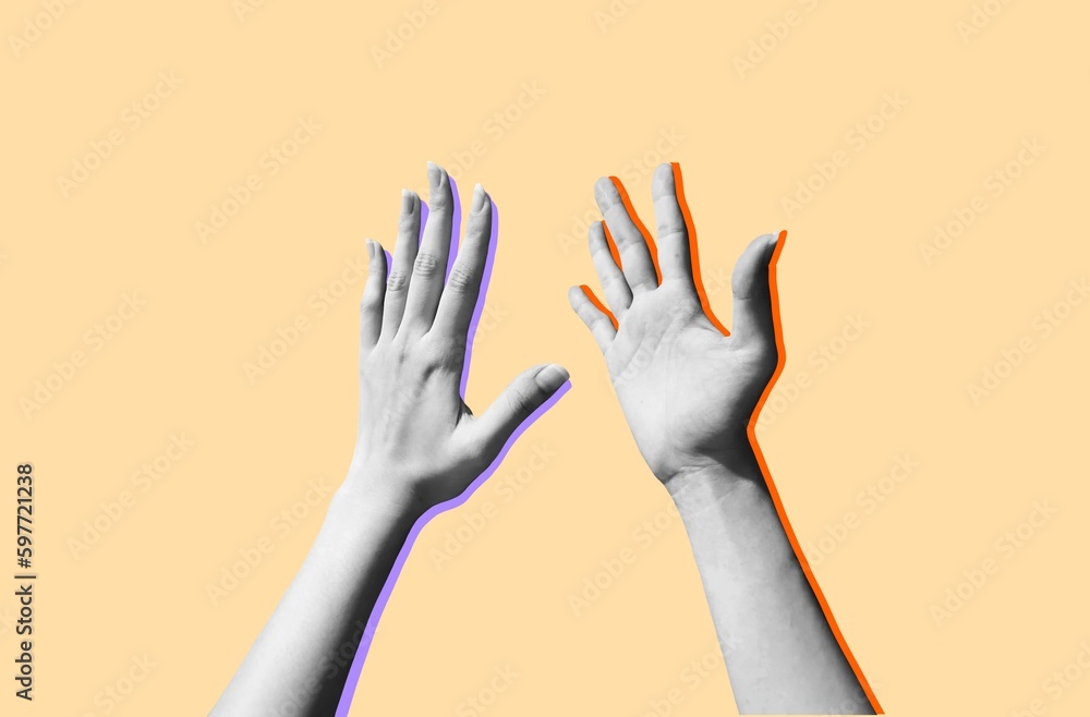 Human hands up contemporary art isolated on beige background for voting ...