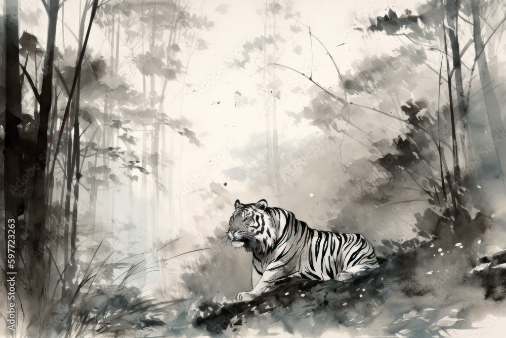 Ink painting tiger in the forest, Generative AI Stock Illustration ...