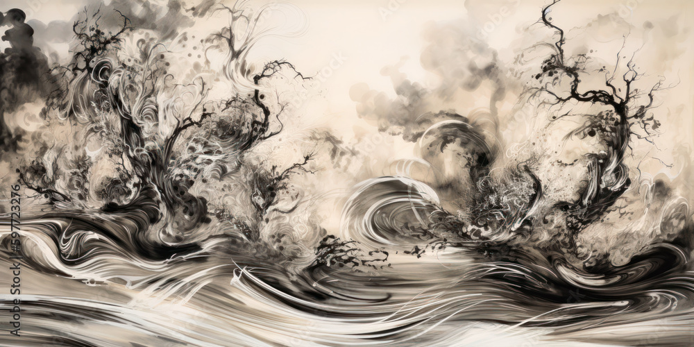 Landscape of tree and wave, ink painting abstract art, Generative AI ...