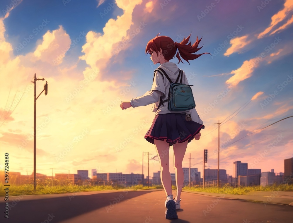 Anime school girl walking on the street digital art. Generative AI ...