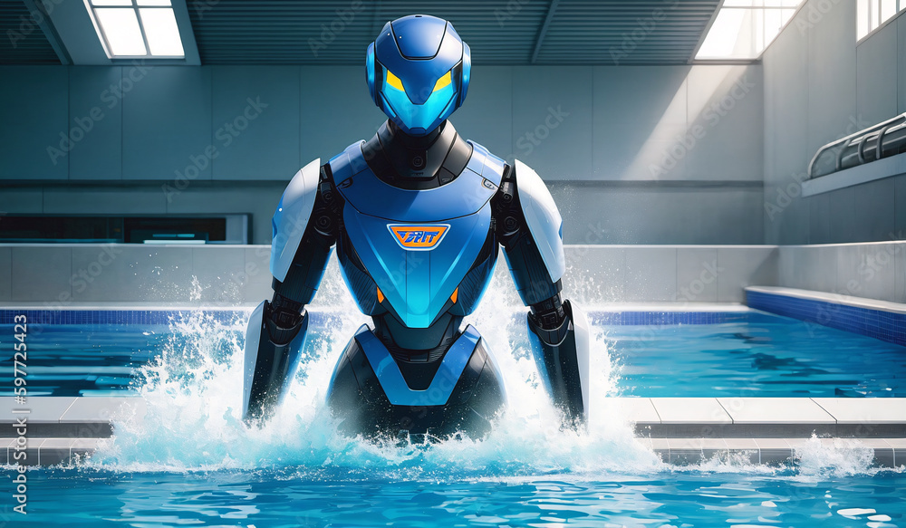 Mechanical waterproof robot in pool. Modern cybernetic machine with ...