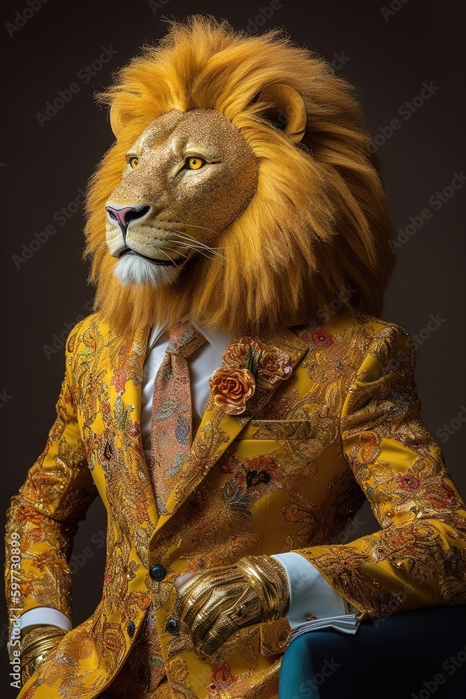Un lion riche de super luxe vêtu d'un magnifique costume doré sur ...