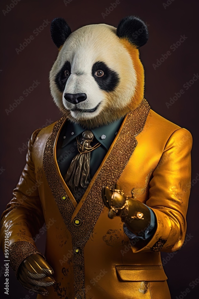 Un panda riche et super luxueux vêtu d'un magnifique costume doré sur ...