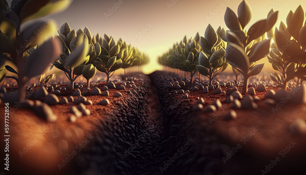 Generative AI illustration of new growth seeds growing in field on farm ...