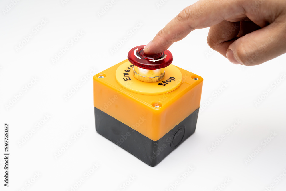 Stop Red Button and the Hand of Worker to Press it. emergency stop ...