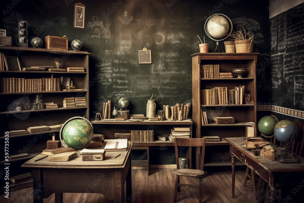 A vintage classroom setting with a blackboard in the center of the wall ...