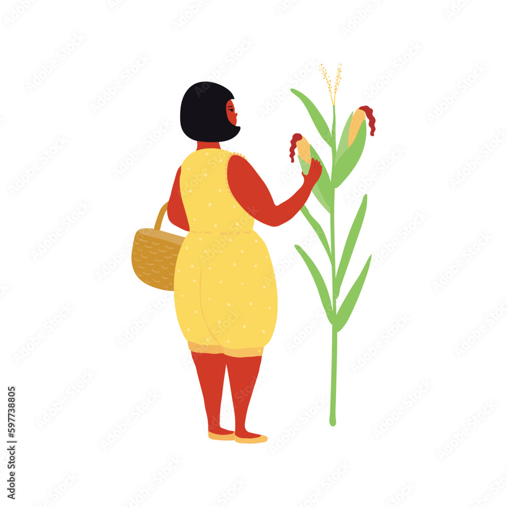 Woman with a basket picking corn cartoon character illustration. Hand ...