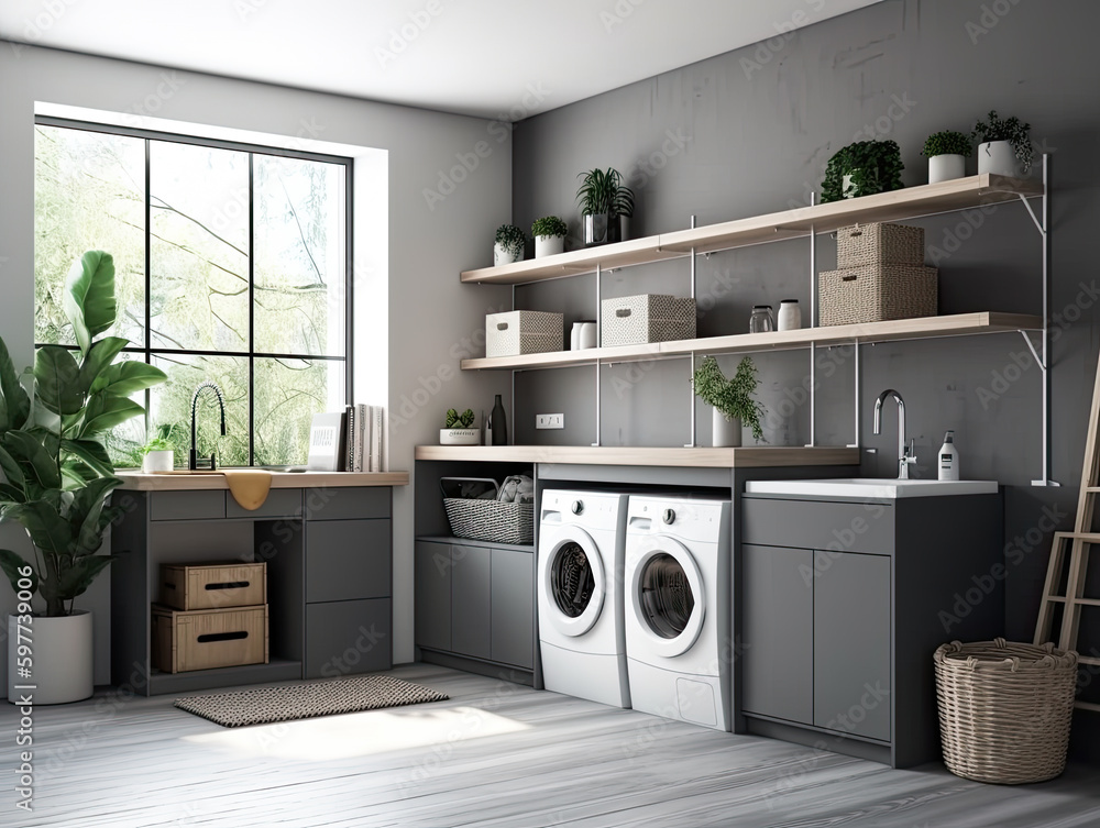 Modern laundry room interior with white and brick walls, gray wooden ...