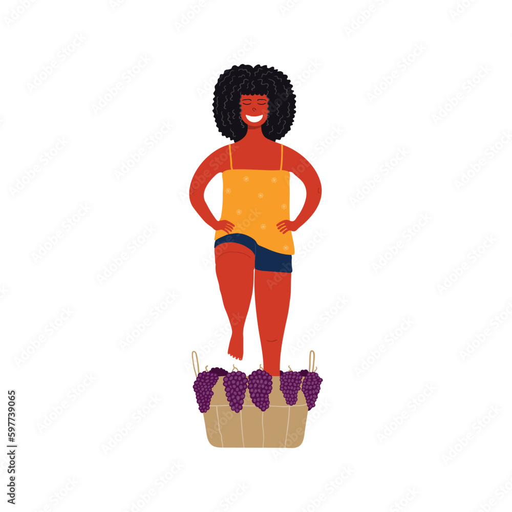 Woman stomping grapes cartoon character illustration. Hand drawn style ...