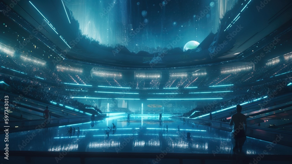 Huge Futuristic stadium. Future sport. Blue glowing neon lights. A ...