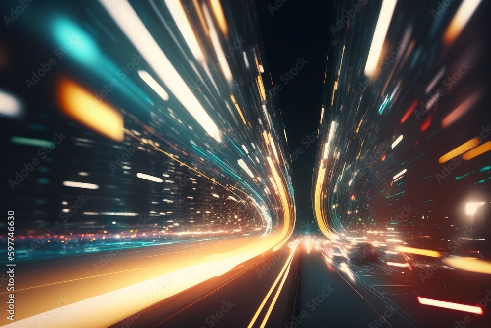 Futuristic cityscape with light speed buildings and speed lights ...