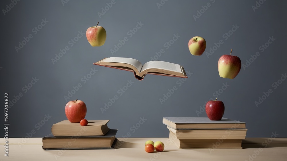 Books and apple flying through the air, a playful and whimsical scene ...