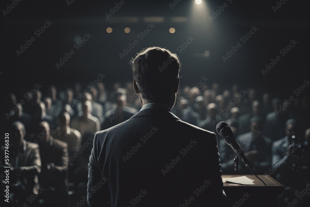 A CEO standing in a dimly lit room addressing a large crowd of people ...