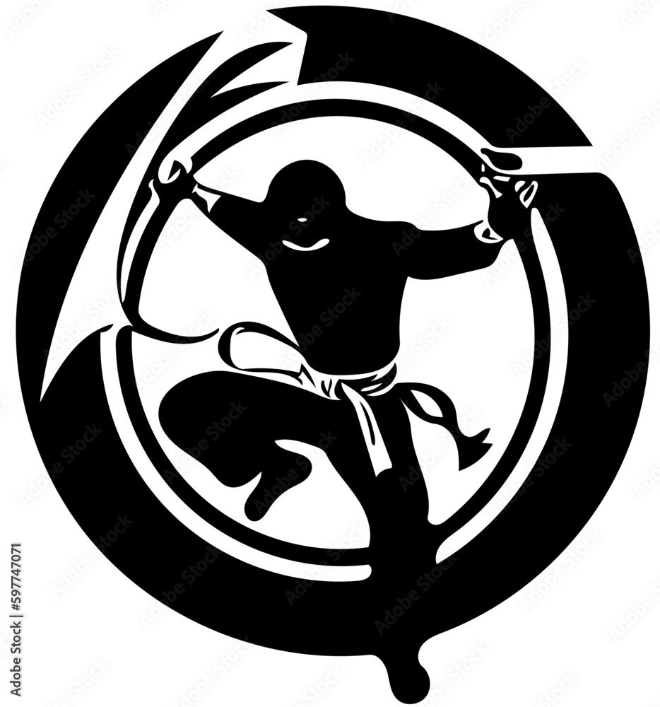 Ninja warrior mascot logo in black and white, vector illustration of a ...