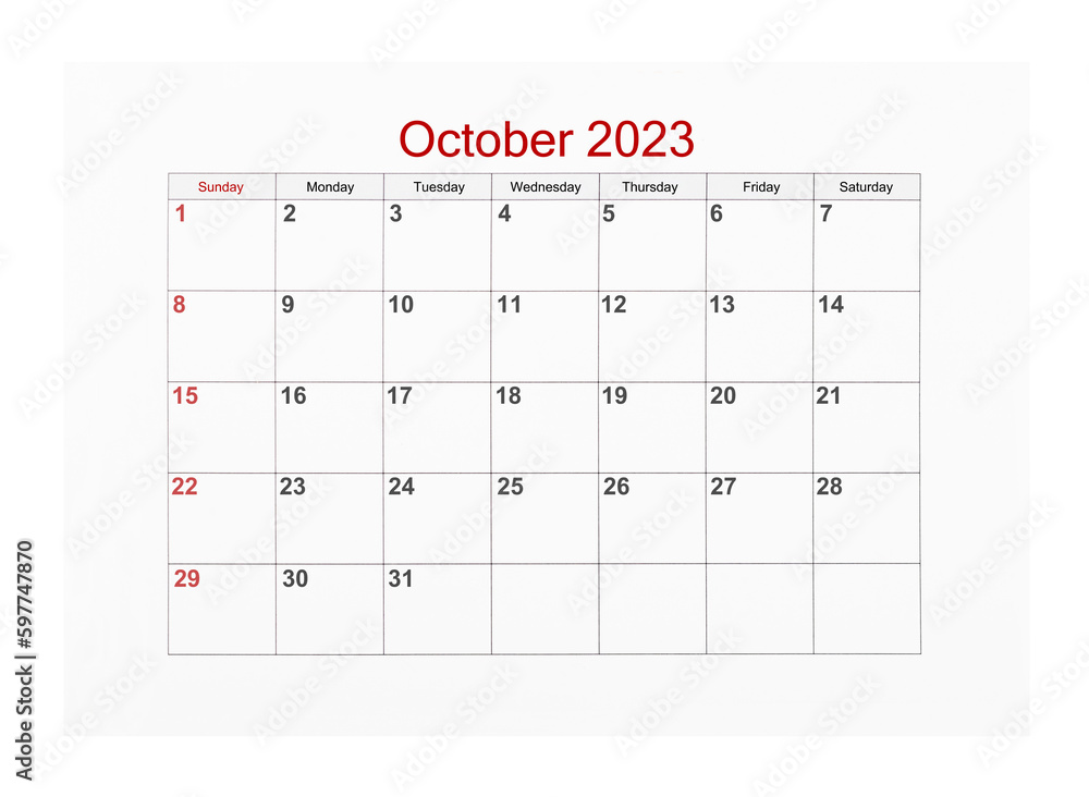 The October 2023 Calendar page for 2023 year isolated on white ...