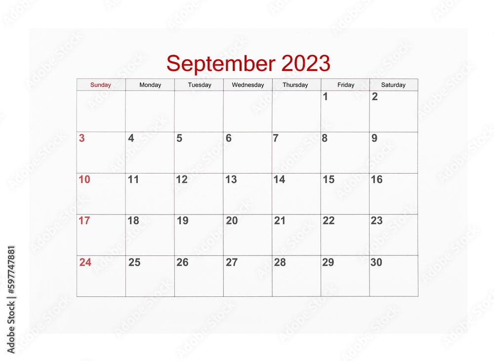 The September 2023 Calendar page for 2023 year isolated on white ...