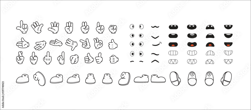 Compilation of eyes, mouth, hand and shoes. Cartoon Character elements ...