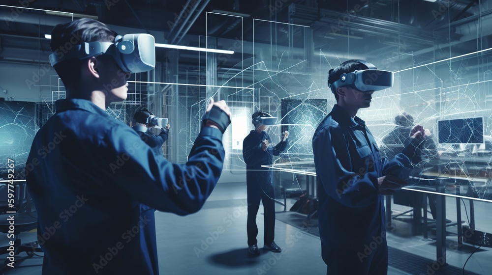 A dynamic, technologically advanced factory, workers utilizing VR ...