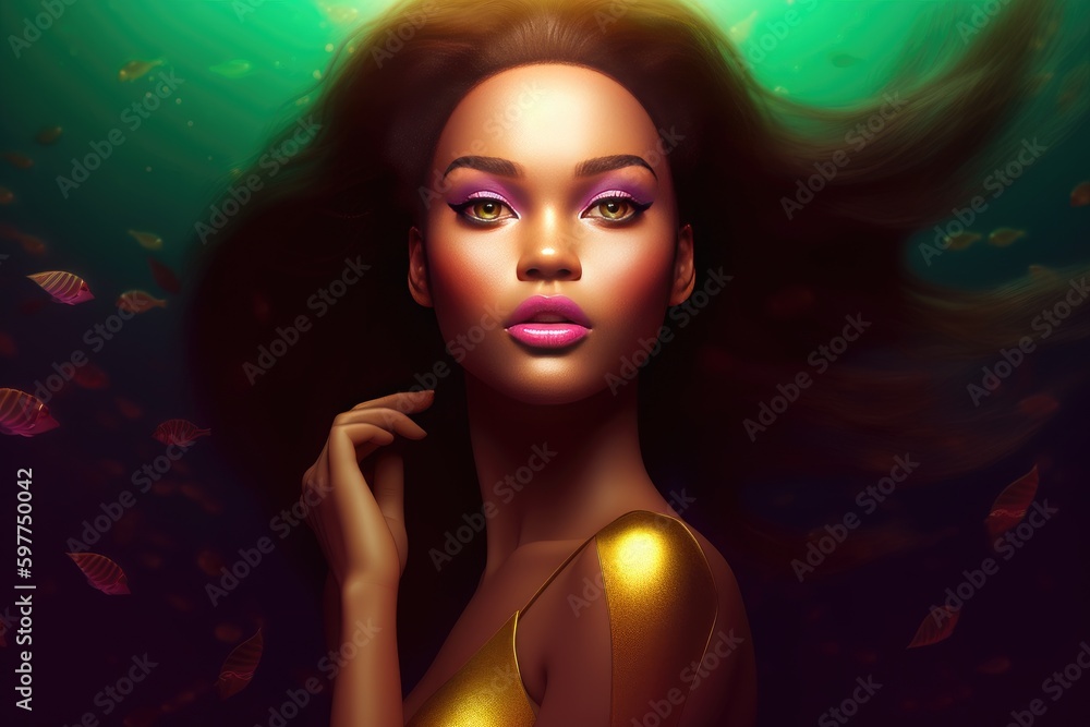A beautiful black mermaid with golden eyes in the underwater world ...