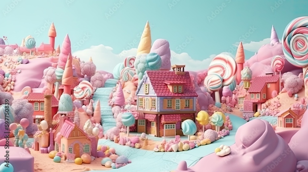 Fantasy village or town made of sweets, ice-cream, marshmallow, cookies ...