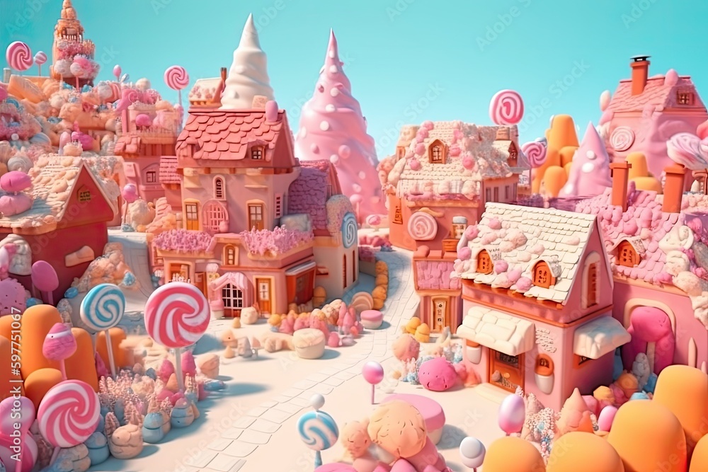 Fantasy village or town made of sweets, ice-cream, marshmallow, cookies ...