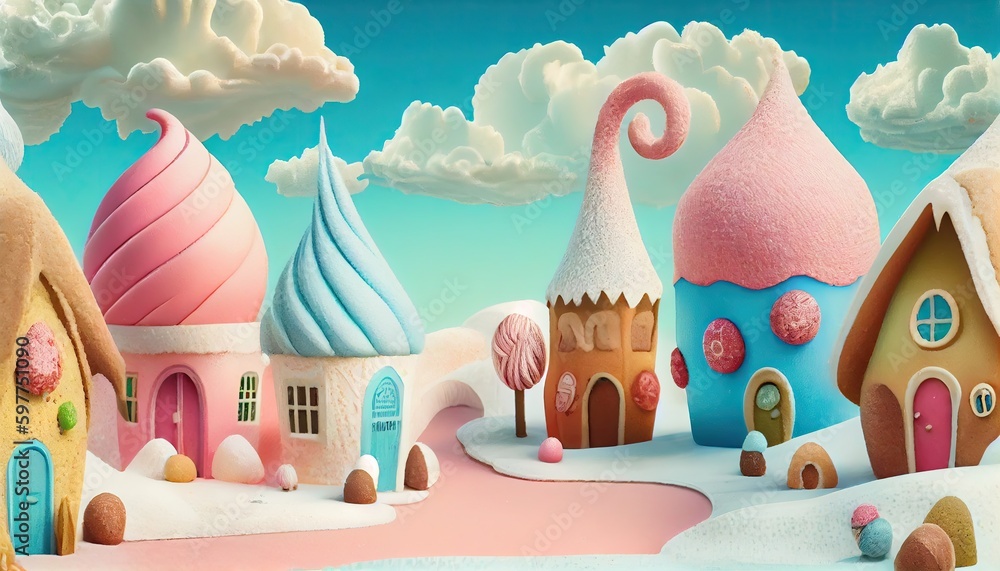 Fantasy village or town made of sweets, ice-cream, marshmallow, cookies ...