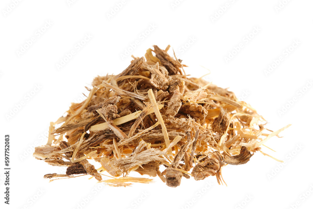 Pile of dried angelica root (Angelica archangelica), isolated on white ...