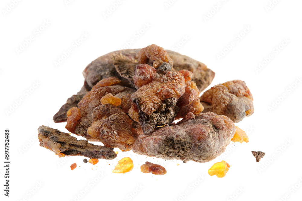 Pile of pine resin (Pinus), a tree resin, isolated on white background ...