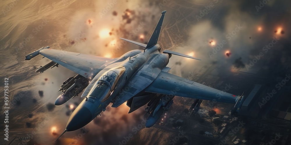 Military fighter from a bird's eye view. Crossing the bombing site of a ...