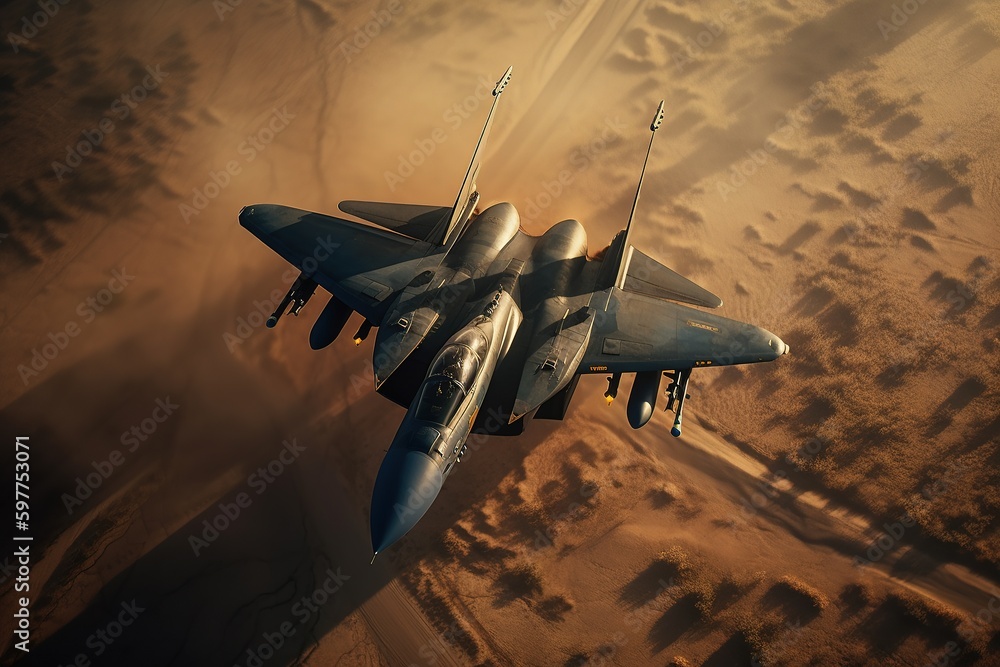 Military fighter from a bird's eye view. Crossing the bombing site of a ...