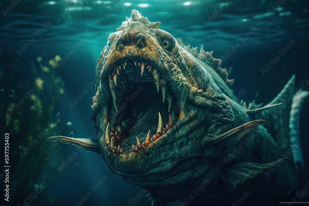 Monster fish. A large monster fish with an open mouth and large teeth ...
