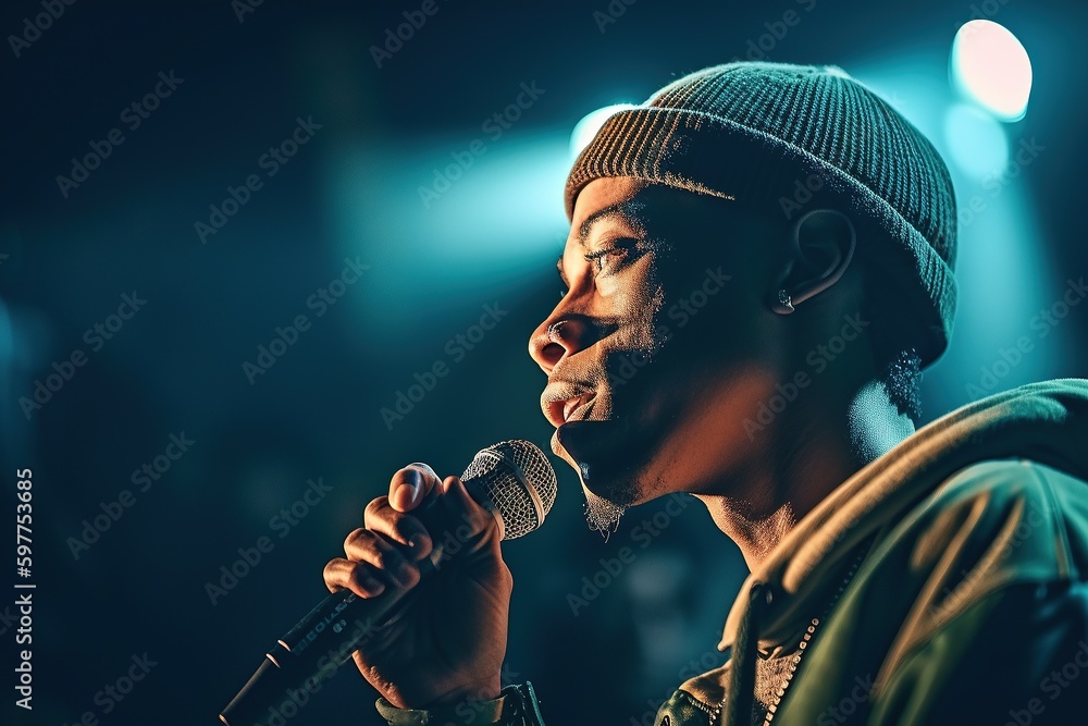 Hip-hop style. A black hip-hop performer raps into a microphone on an ...