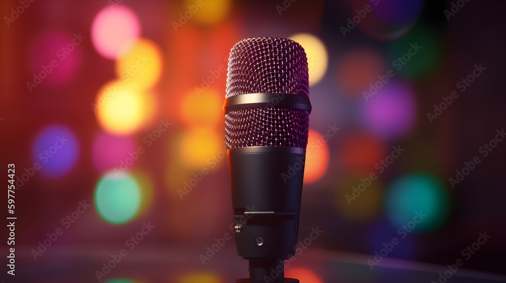 Podcast Microphone focused against blurred colorful background ...