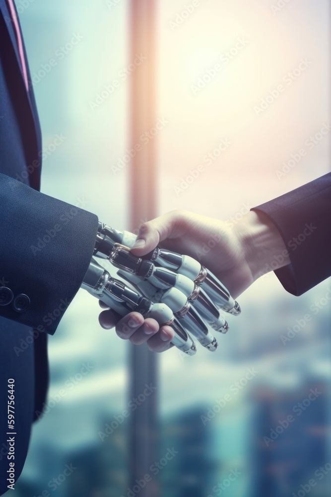 Handshake between futuristic cyborg robot and human hands. Working with ...