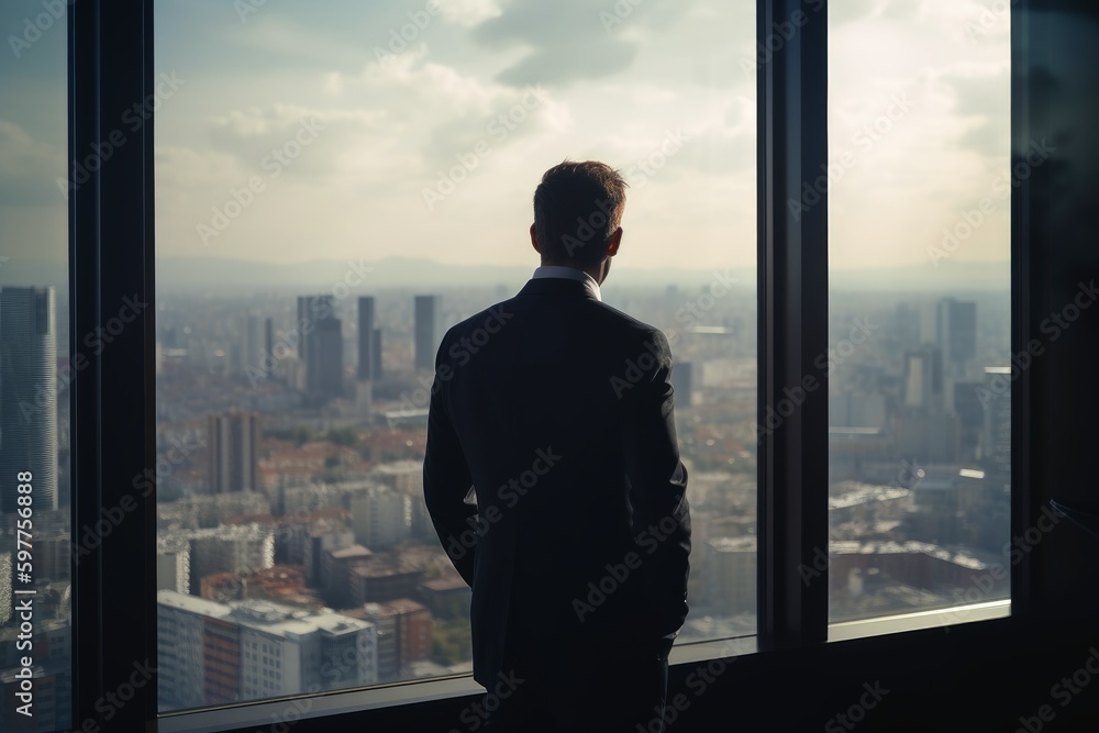 A businessman seen from behind is looking out of an office window in ...