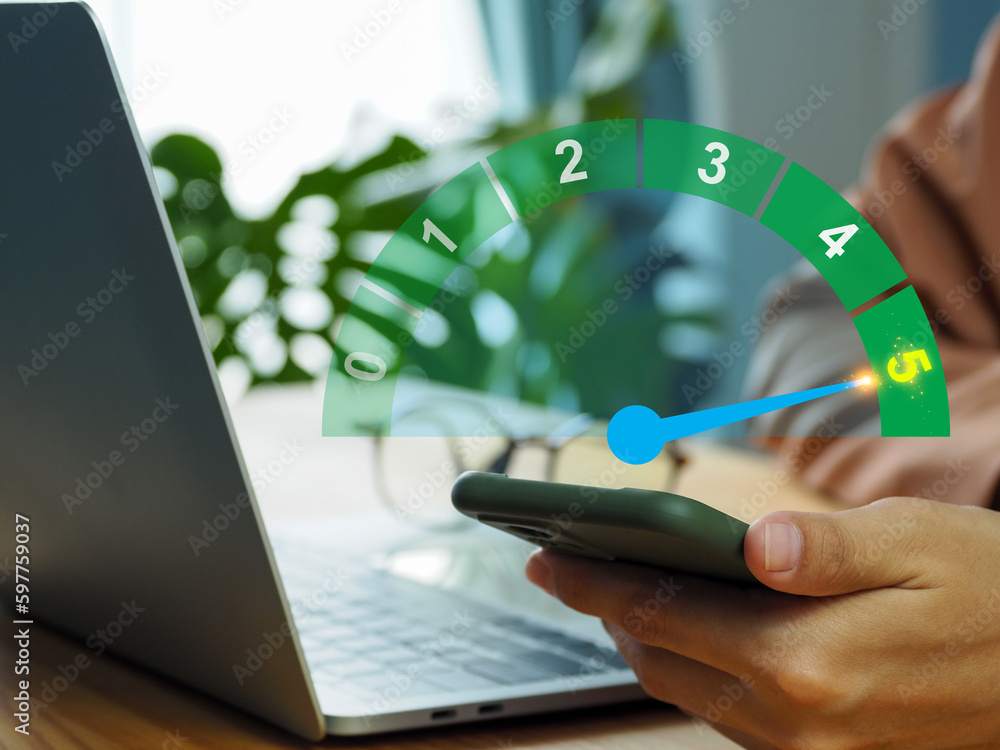 Users who are using smartphones to choose a rating. arrow that selects ...