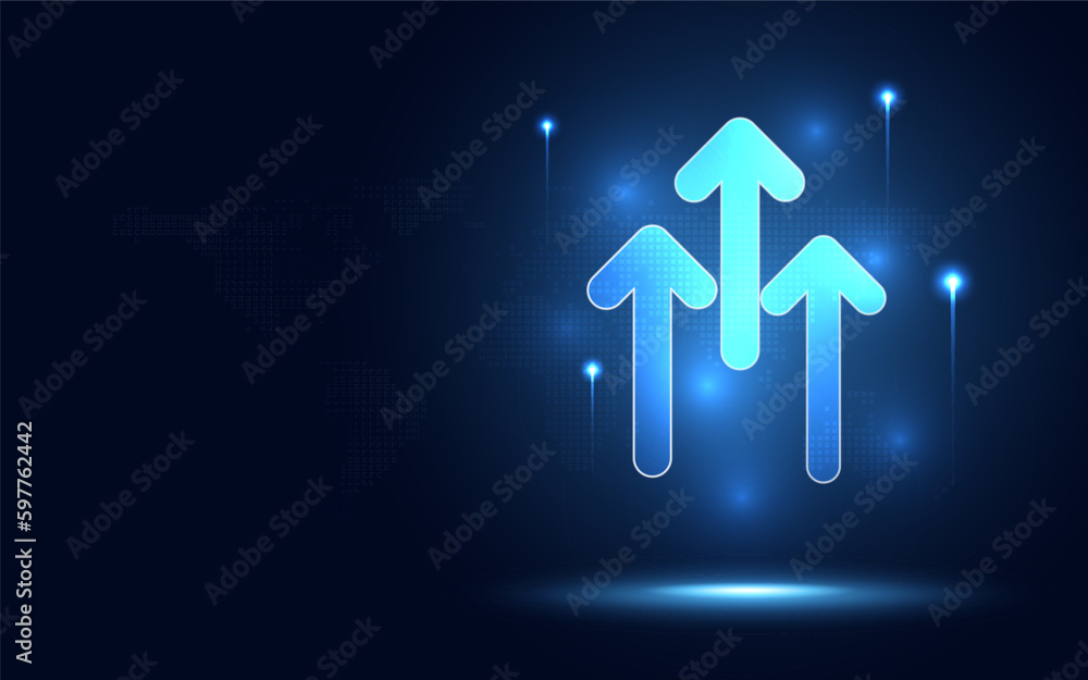 Futuristic blue glowing raised triple-up arrow chart digital ...