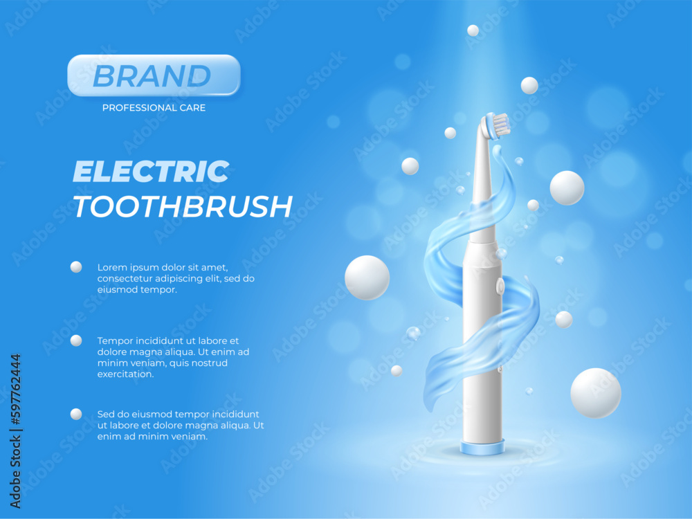 Realistic electric toothbrush in water splash. Fresh oral care product ...