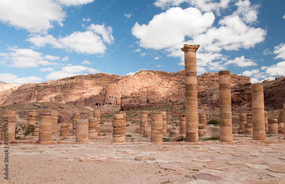 Great Temple's temenos with columns with the Royal Tombs in the ...