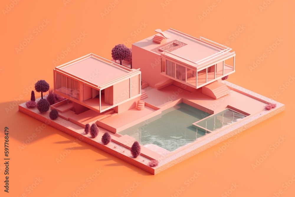 Isometric minimal rendering featuring three swimming pools on coral ...