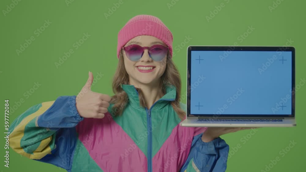 Green Screen. Girl of '80-'90s Style With Pink Hat and Sunglasses ...