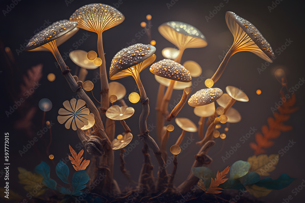 beautiful mushroom with magical light, leaves and floral background ...