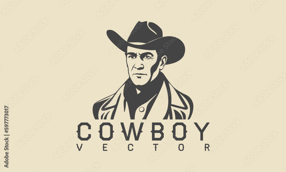 Vector simple monochrome stencil of a cowboy in a wide hat on a light ...