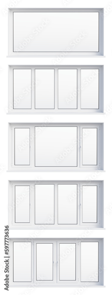 Set of different configurations of big white isolated casement windows ...