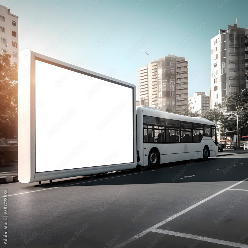 Blank white advertising billboard on back of the bus created with ...