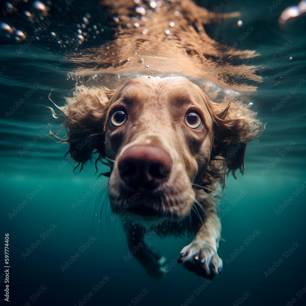 Underwater funny photo of golden labrador retriever puppy in swimming ...